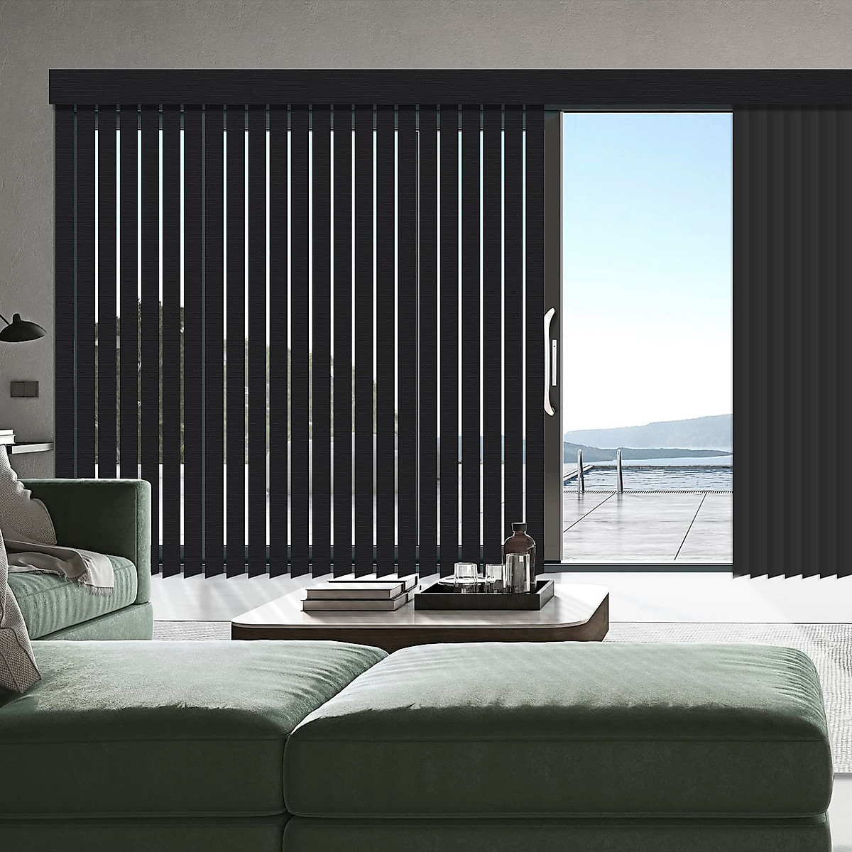 Cordless Blackout Vertical Blinds, Black Custom 3.5 Inches Slat Fabric Window Blinds, Vertical Shades UV Protection Super Large Size to 104" W for Large Windows, Sliding Doors and Patio Doors