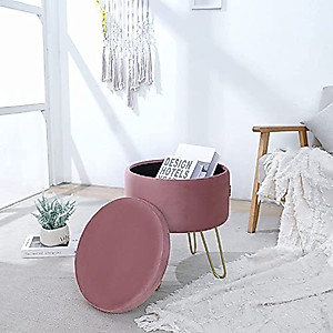 SOFT ASS Fashionable Velvet Round Storage Ottoman Footrest Stool with Vanity Chair and Tray Top Coffee Table/Gold Metal U-Legs (Deep Pink)