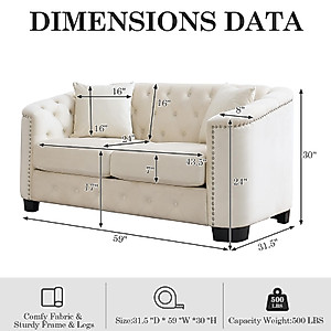 JEEOHEY Sofa,Chesterfield Sofa,Velvet Sofa Couch,Oversized Loveseat Sofa,2 Seater Sofa Chair with Button Nailhead,Upholstered Deep Seat Sofa,Futon Couches for Living Room,Bedroom,Office(Beige