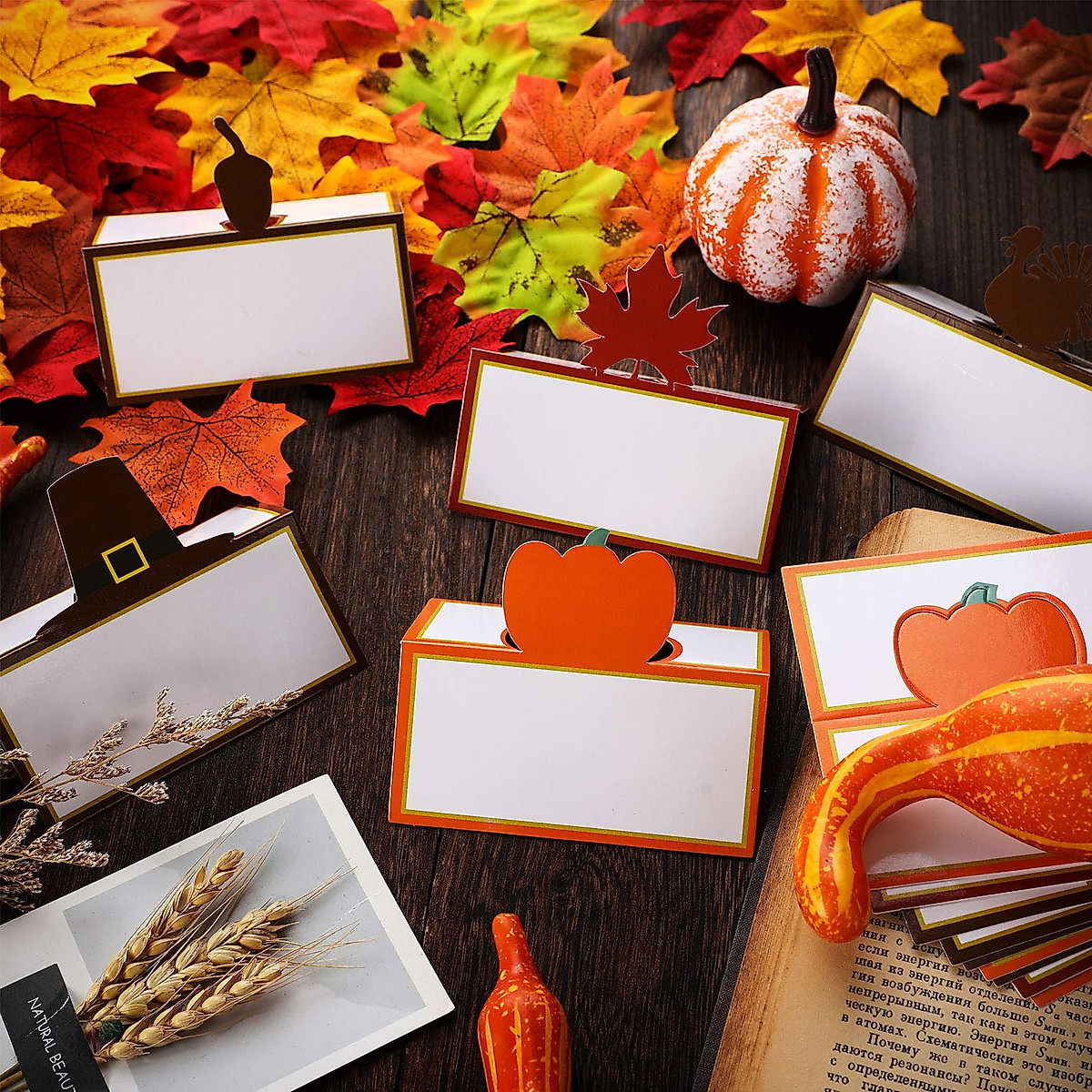 Outus 25 Pieces Thanksgiving Greeting Place Cards 4 x 2 Inch Fall Guest Seating Tent Cards Autumn Table Name Place Cards with Pumpkin Turkey Witch Hat Design for Thanksgiving Dinner Party Supplies