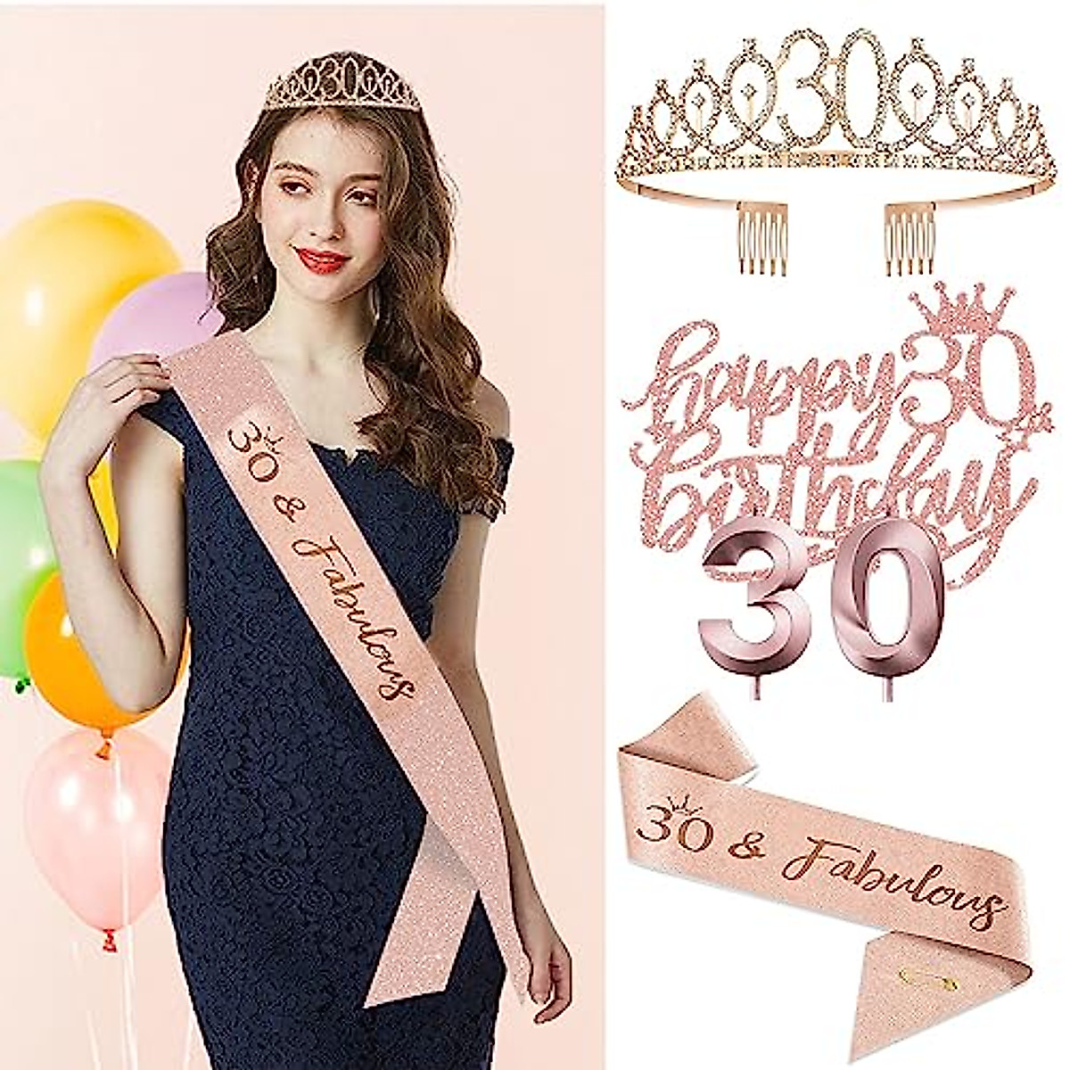 SINTENILL 30th Birthday Decorations for Women, Including 30th Birthday Crown/Tiara, Sash, Cake Topper and Candles, 30 Anniversary Party Decor 30th Birthday Gifts for women