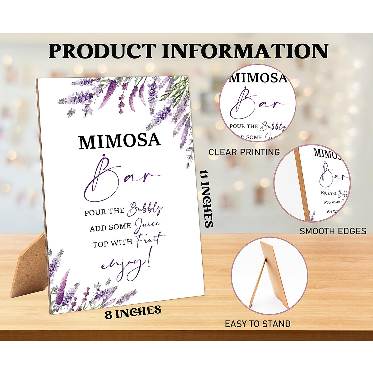 Lavender Purple Bridal Shower Mimosa Bar Sign, Table Decor Bridal Shower Sign, Pack of 1 Wooden Tabletop Sign with Stand, Bridal Shower Decorations, Wedding Shower Supplies - XG06