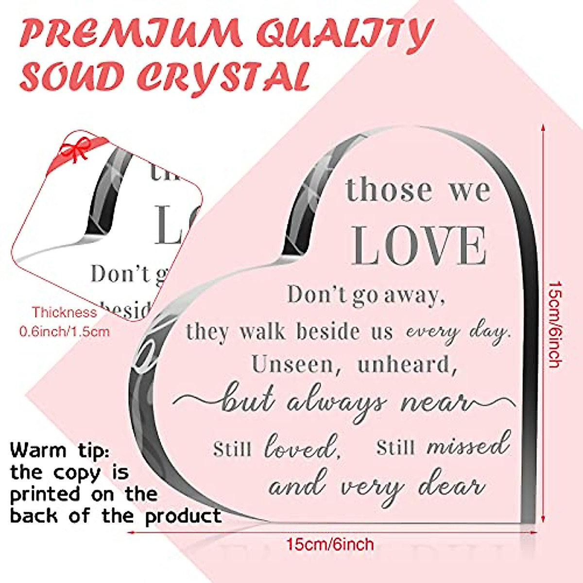 Sympathy Gifts Memorial Bereavement Gifts Acrylic Heart Condolence Gifts for Loss of Loved One, Loss of Father, Loss of Mother Remembrance Gifts (Simple Style, 6 x 6 x 0.6 Inch)