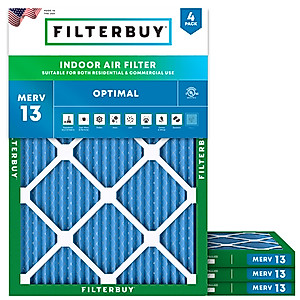 Filterbuy 16x20x1 Air Filter MERV 13 Optimal Defense (4-Pack), Pleated HVAC AC Furnace Air Filters Replacement (Actual Size: 15.50 x 19.50 x 0.75 Inches)