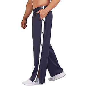 Deyeek Men's Tear Away Basketball Pants High Split Snap Button Casual Post-surgery Sweatpants with Pockets Navy Blue