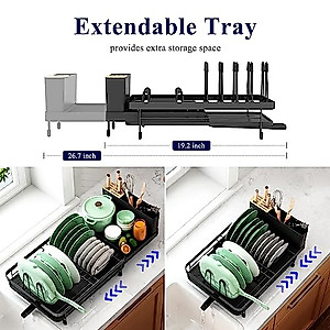 Kitsure Kitchen Dish Drying Rack - Extendable Dish Rack w/Large Capacity, Dish Rack for Kitchen Counter, Multipurpose Dish Drainer w/Detachable Brackets for Pot Lids, Dishes-4063