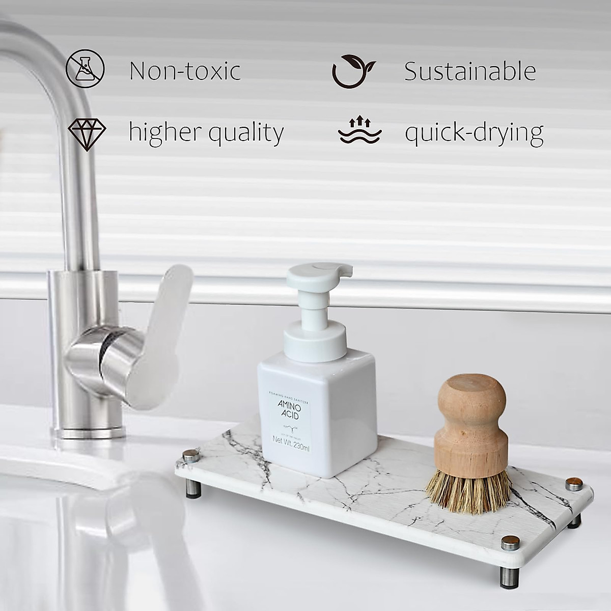 Drying Stone for Kitchen Counter, Water Absorbing Stone Sink Organizer for Bathroom Diatomaceous Earth Stone Drying Tray Instant Dry Sink Caddy Soap Dispenser Sponge Holder