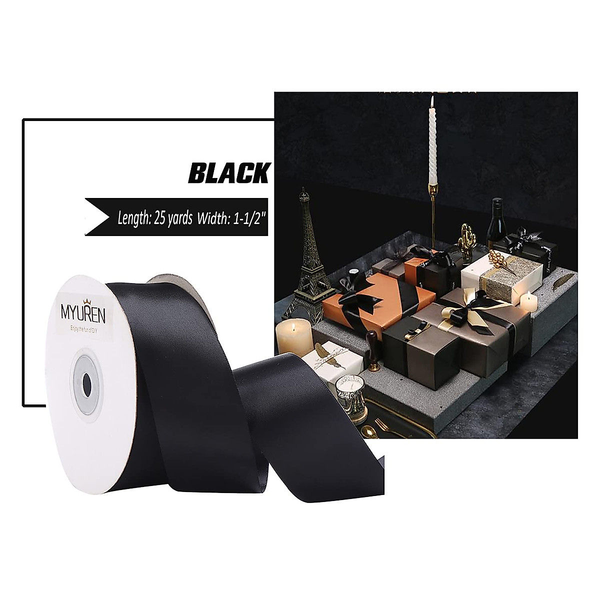 1-1/2" Wide Double Faced Black Polyester Satin Ribbon for Crafts, Wedding, Gift Wrapping, Bow Making,Party Decoration, Christmas Tree Deco (25 Yards)