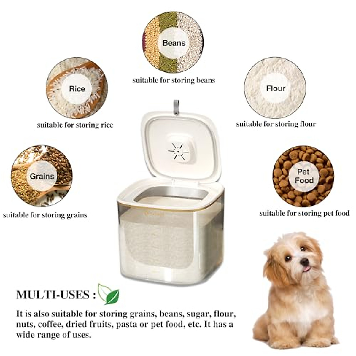 Benshukam 7.4 Gallons Airtight Rice Container Clear Plastic Rice Dispenser, Dry Food Holder with Measuring Cup, For Dog Food, Nuts, Beans, Flour, Grains Pet Food Storage Container Bin (White)