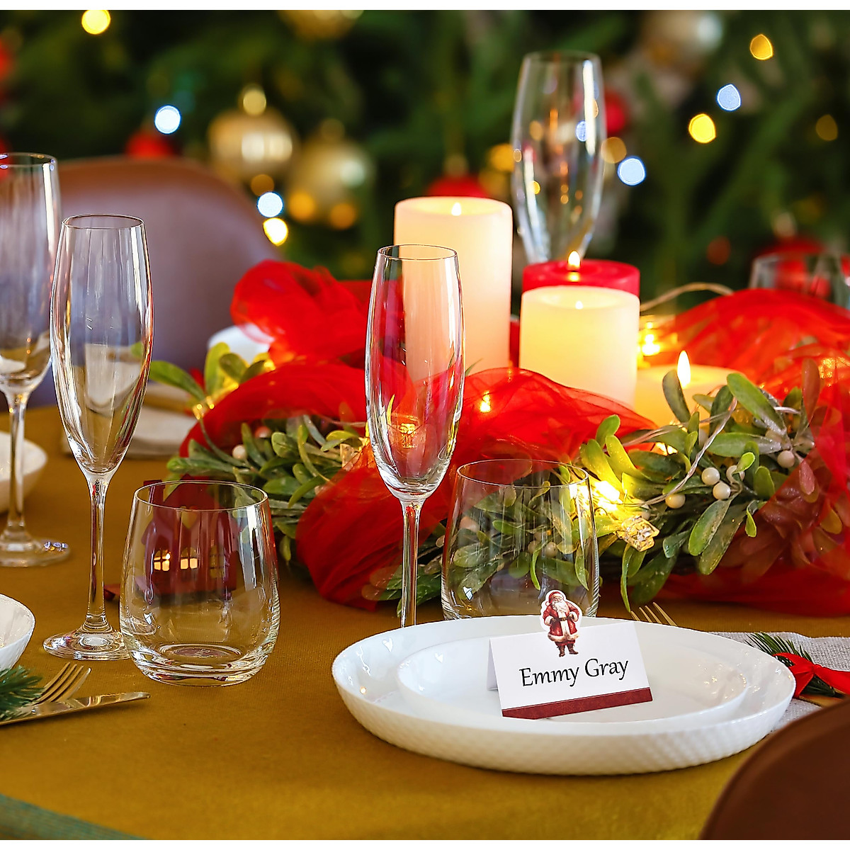 100 Pack Christmas Place Cards Holiday Seating Name Card Die Cut Xmas Santa Claus Table Setting Folded Paper Tent Cards for Winter Dinner Wedding Tables Placement Party Decorations 2" x 3.5"