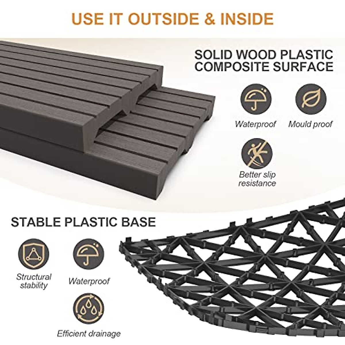 Goovilla Wood Plastic Composite Interlocking Patio Deck Tiles 9 Pack (9 sq. ft), 12"x12" Waterproof Indoor Outdoor Flooring All Weather Use, Balcony Floor Covering Tile, Decking Tiles, Dark Coffee