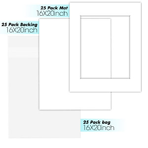 Golden State Art, White Pre-Cut 16x20 Picture Mat for 11x14 Photo with White Core Bevel Cut Mattes Sets. Includes High Premier Acid Free Mats & Backing Board & Clear Bags (25 Kit)
