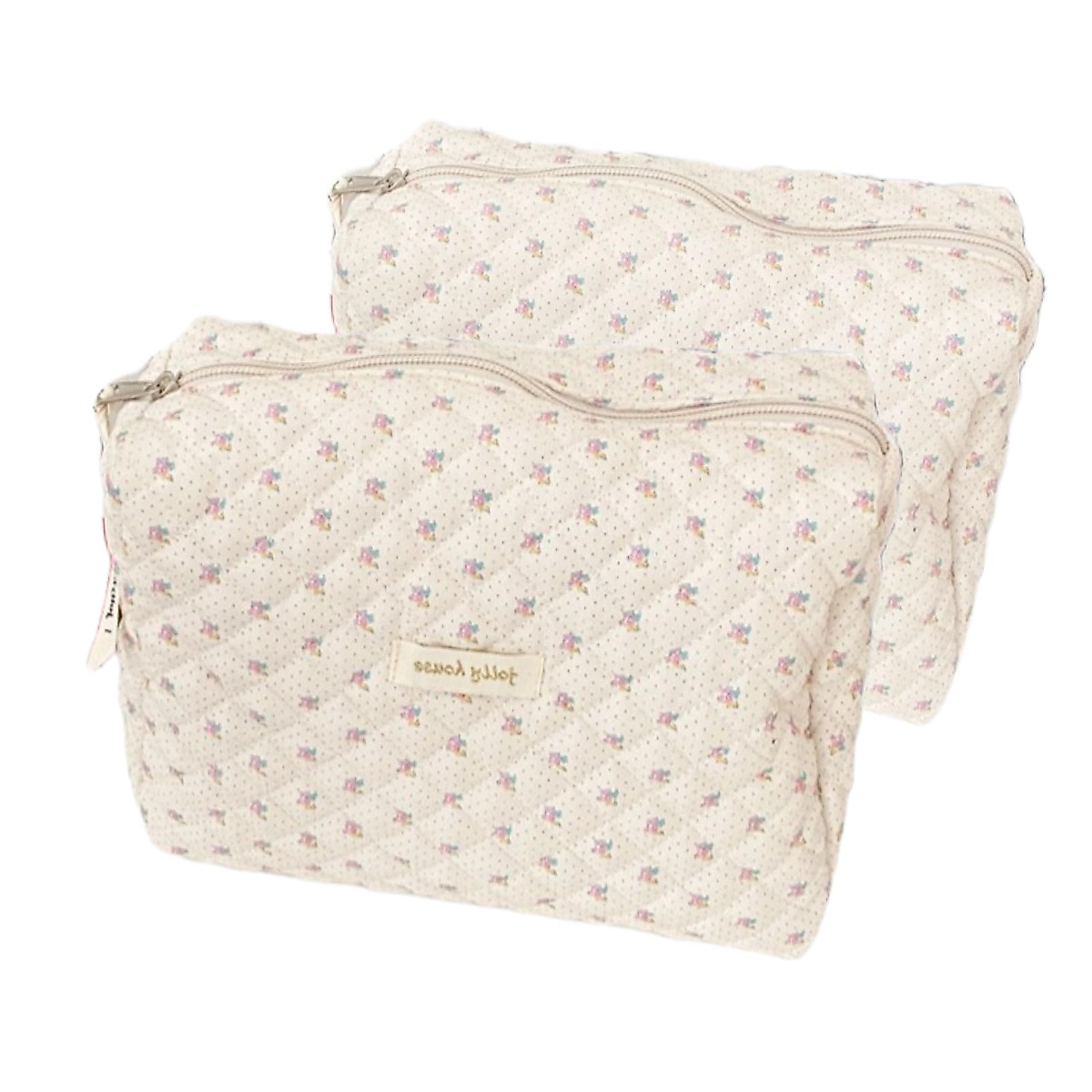 BILIPOPX 2 Pack Kawaii Cute Makeup Bag Aesthetic Travel Quilted Cotton Cosmetic Bag Organizer Toiletry Pouch for Women Teen Girls (Beige Floral)