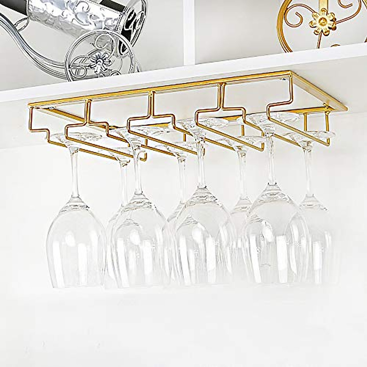 FOMANSH Wine Glass Rack Under Cabinet - Stemware Holder Metal Wine Glass Organizer Glasses Storage Hanger for Bar Kitchen Gold 4 Rows