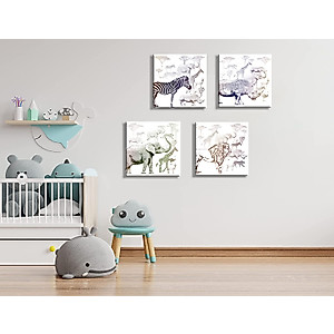 Animal Canvas Wall Art Safari Zoo Elephant Lion Zebra and Rhino Nursery Decor Printed Artwork Framed for Children's Room Bedroom Farmhouse Animal Wall Decoration Ready to Hang (12"x12"x4pcs)