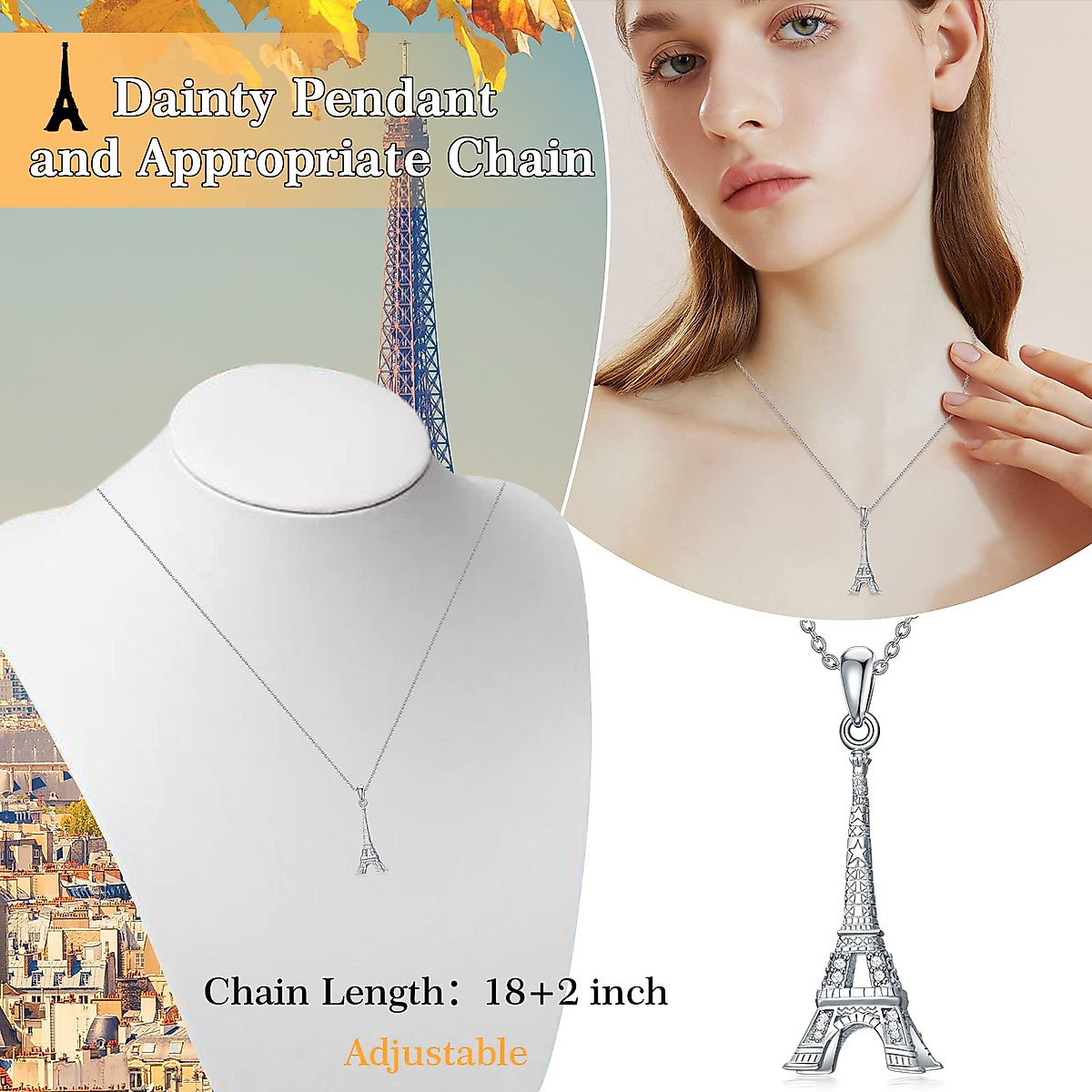 Dorunmo Paris Necklace 925 Sterling Silver Eiffel Tower Necklace Dainty Paris White Plated Pendant Memorial France Paris Charm Jewelry Christmas 3D Eiffel Tower Gifts for Women Sport Lover