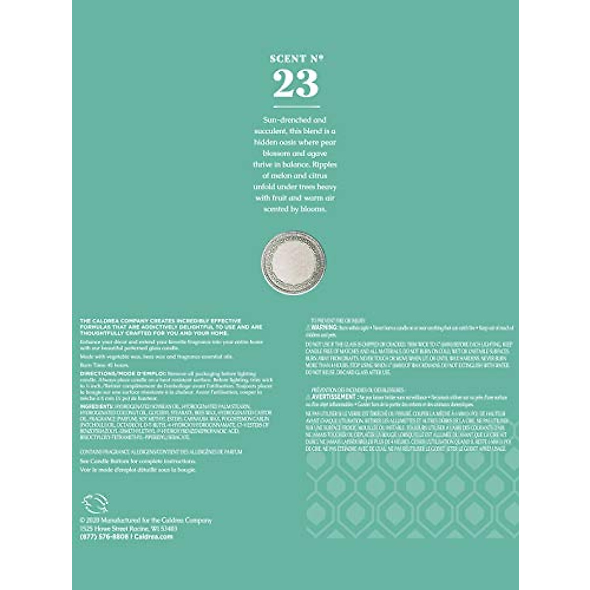 Caldrea Scented Candle, Made With Essential Oils And Other Thoughtfully Chosen Ingredients, 45 Hour Burn Time, Pear Blossom Agave Scent, 8.1 Oz