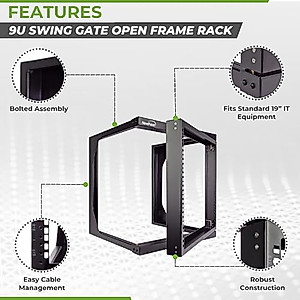 NavePoint 9U Server Rack with Swing Gate - 9U Wall Mount Rack for 19 Inch IT Equipment Open Frame Rack – Network Rack Wall Mount for AV & Server Equipment 18” Deep 9U Rack, Black