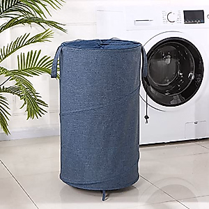 Viviphanhy Collapsible Laundry Baskets Dorm Pop Up Laundry Hamper Oxford Cloth Cylinder With Wheels Handles (Blue)
