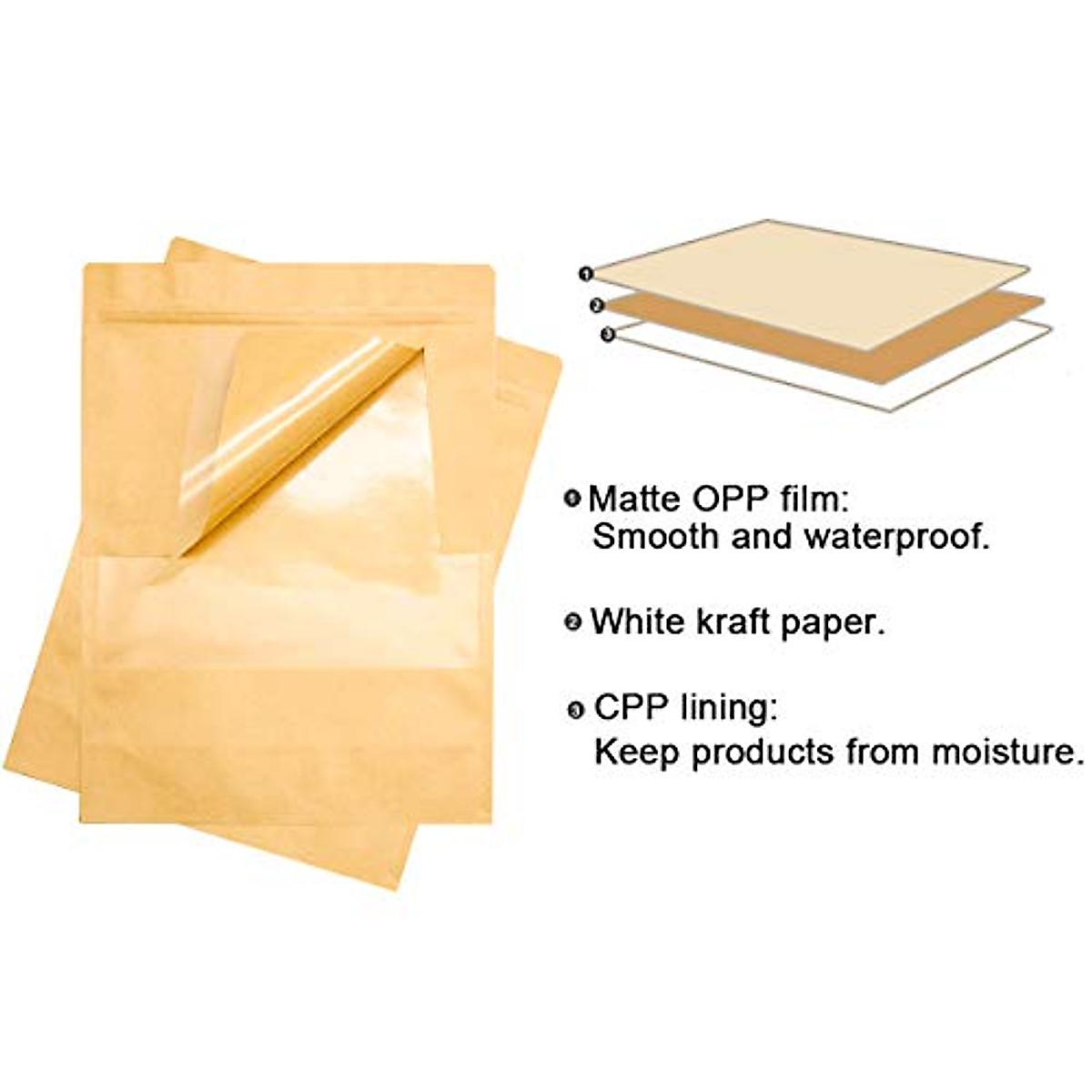 IDEALUX Stand Up Kraft Pouch Bags,Reusable Zip Lock Sealing and Notch Matte Transparent Window Bags, Resealable Zip Lock Food Storage Bag,10.3x6.3+3.14 Inches,Pack of 50