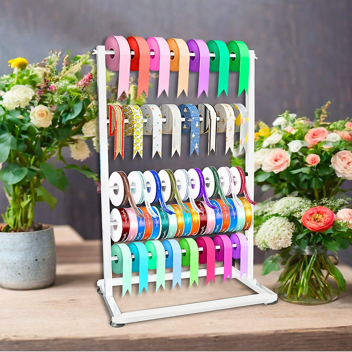 Mannxitzdy 5 Tier Ribbon Holder Organizer Rack, Ribbon Organizer, Ribbon Organizer Storage Ribbon Rack for Craft Room, Flower Store, Cake Shop, White