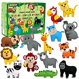 CiyvoLyeen Safari Jungle Animals Sewing Craft Kit DIY Kids Craft and Sew Set for 7 8 9 10 11 12Girls and Boys Educational Beginners Sewing Stuffed Animal Felt Plush Ornaments Set of 14