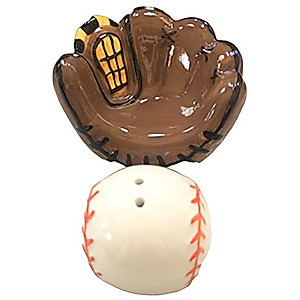 Baseball Glove & Base Ball with Stitching {Real Look} Salt and Pepper Shakers, Catchers Mit 3-1/4" Premium Quality Glazed Ceramic