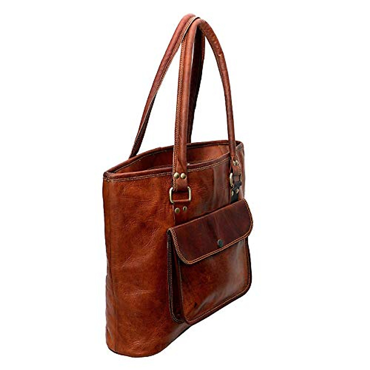 Leather Castle Tote Bag Women Handbag Shopping Travel Shoulder Bag, 16 Inch, Brown, Medium