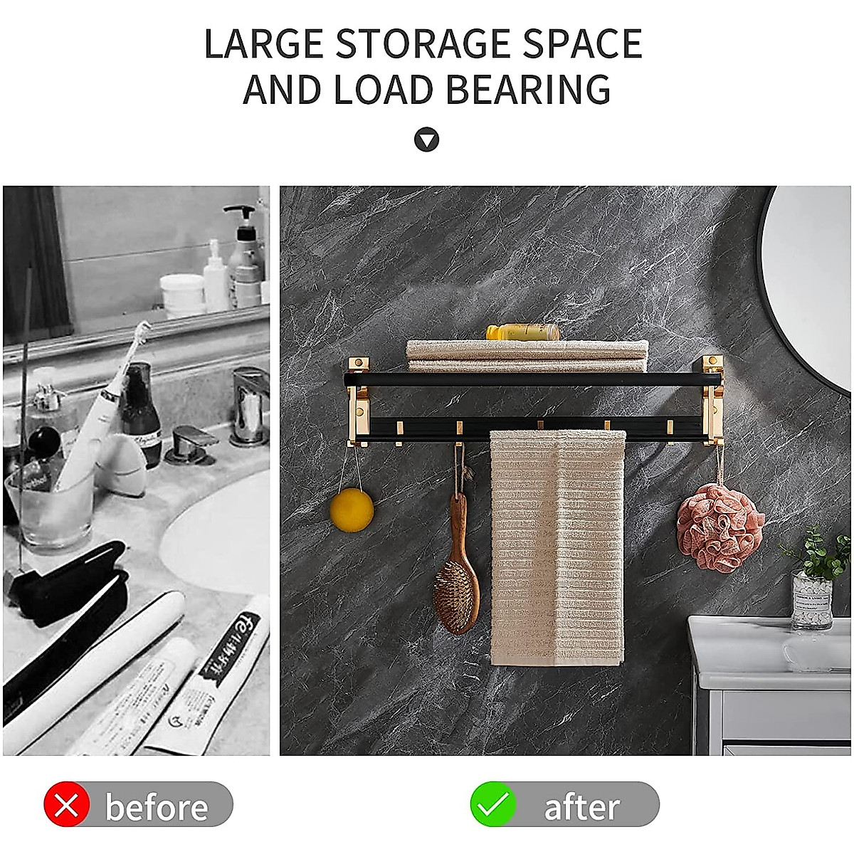 Bathroom Towel Rack Lavatory Hotel 24 Inch Foldable Towel Shelf with Towel Bar and Movable Hooks, Black and Matte Gold Polished Aluminum Modern Wall Mount Holder