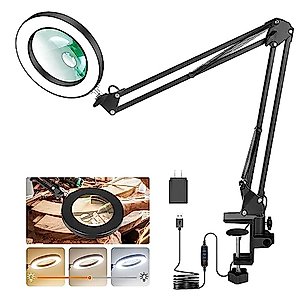Magnifying Glass with Light Toolour 5X&10X Magnifying Glass Light with 26in Long Arm, 3 Colors Dimming Magnifying Desk Lamp, Lighted Magnifier Glass for Jewelry Close Work Reading Hobby Craft