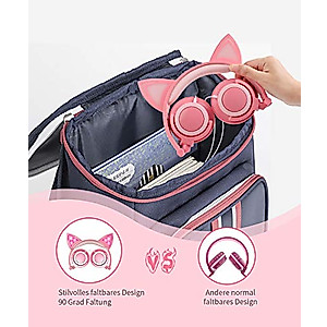 LOBKIN Foldable Wired Over Ear Kids Headphone with Glowing Light for Girls Children Cosplay Fans,Cat Ear Headphones (Peach)