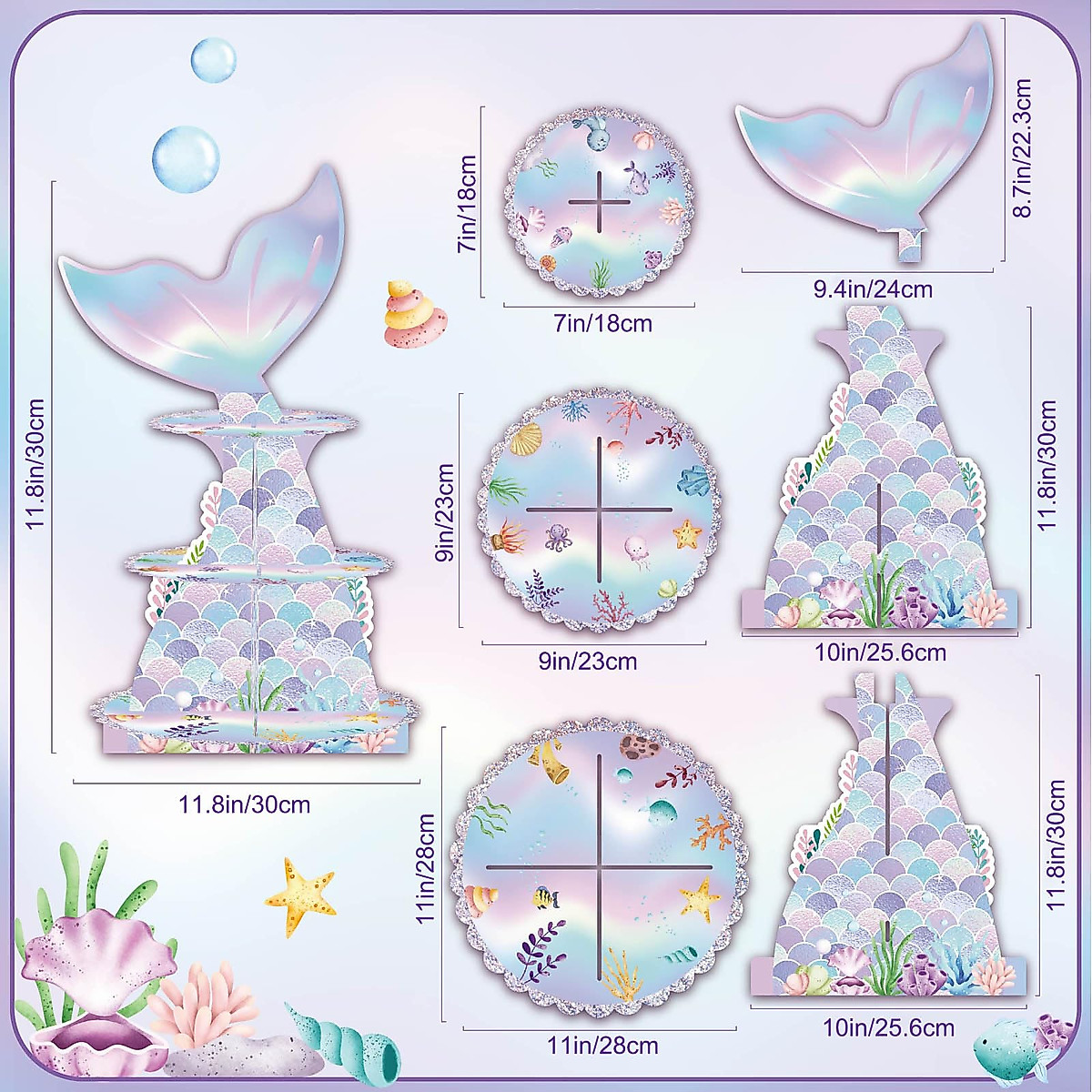 SEVEMIL 3 Tier Mermaid Cupcake Stand, Blue & Pink, Cardboard, 12"H