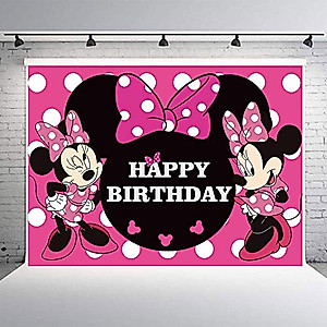 LXBO Cartoon Mouse Backdrop Pink Bow Princess Happy Birthday Backdrop Girl Party Photo Decorative Banners Baby Shower Photography Supplies (7x5FT)