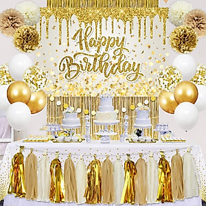 Gold Birthday Party Decorations Set Happy Birthday Decorations for Women Girls- Happy Birthday Banner Backdrop Gold and White Balloons Tassel Curtains Gold Dot Tablecloth Birthday Party Supplies