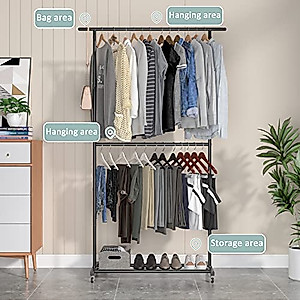 Sywhitta Double Rod Clothing Garment Rack, Rolling Clothes Organizer on Wheels for Hanging Clothes, Easy to Assemble, Adjustable, Black