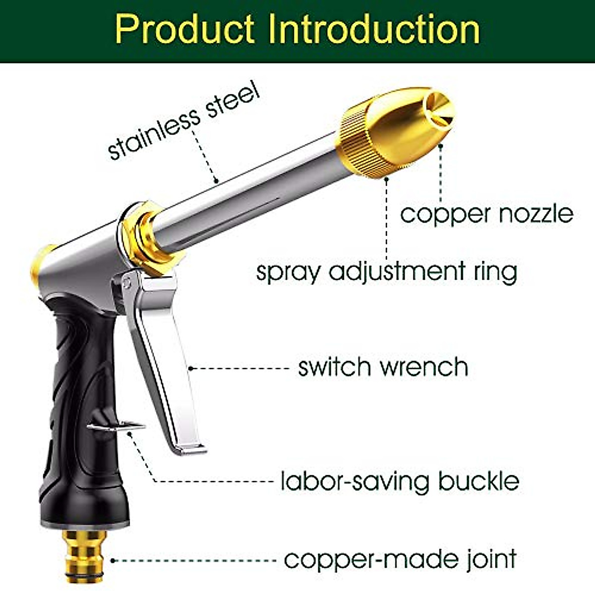 Upgrade Water Hose Nozzle Long Rod Garden Hose Nozzle Heavy Duty metal Brass sprayer 360° Rotaing spray gun for car wash, Plants and Lawn,Patio Gardening, Pets Shower Hose Nozzle + Quick Connector