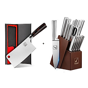 Cleaver Knife and 15-Pieces Knife Set, imarku Japan Stainless Steel Knife Set with Block and Knife Sharpener, 7 Inch Meat Cleaver or Home Kitchen and Restaurant