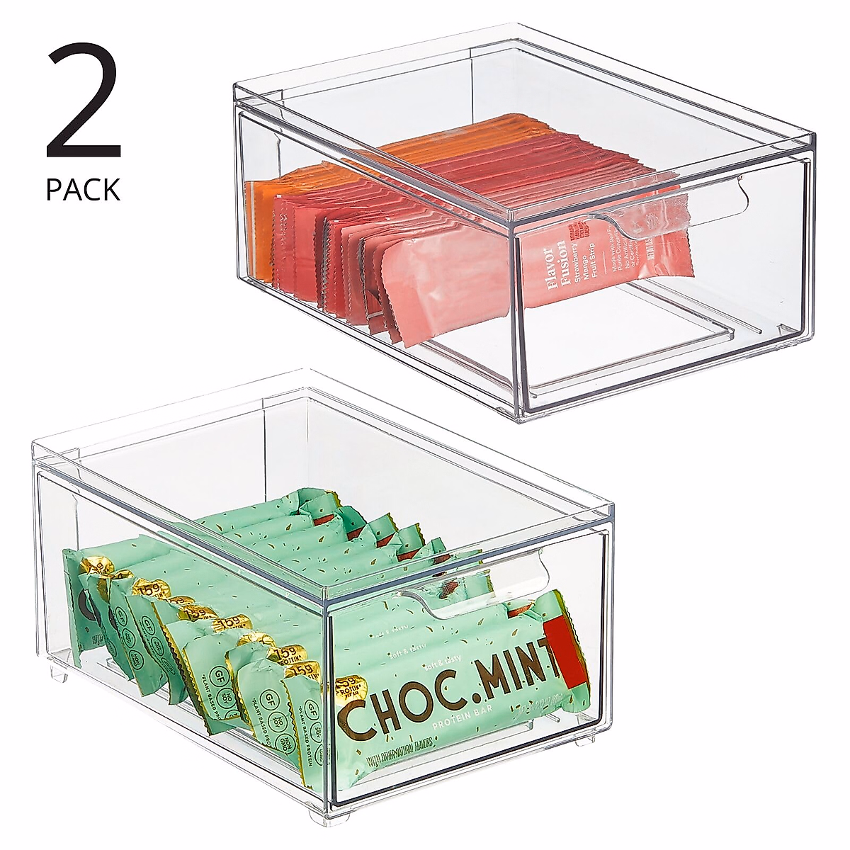 mDesign Stackable Storage Containers Box with Pull-Out Drawer - Stacking Plastic Drawers Bins for Kitchen Pantry and Cupboard, Cabinet, Counter, Island and Tables - Lumiere Collection - 2 Pack - Clear