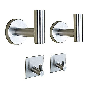 TocTen 4 Pack Bath Towel Hook Set, SUS 304Stainless Steel Robe Hook, Heavy Duty Bathroom Hook Include 2 Wall Mounted Coat Hooks 2 Adhesive Hooks Suitable for Kitchen Office Bathroom