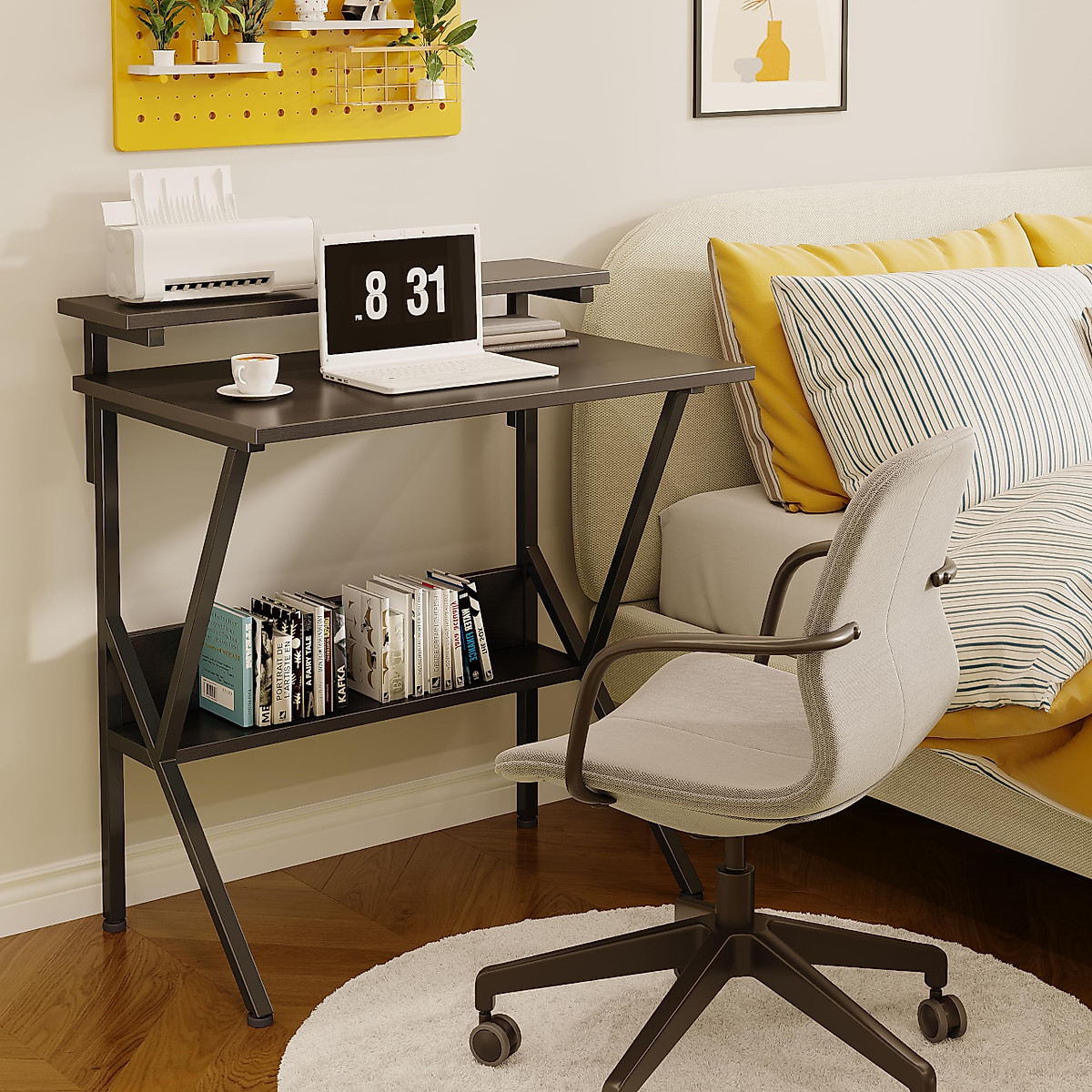 COTUBLR Small Desk, 27.5 Inch Small Computer Desk for Small Spaces, Computer Desk with Adjustable Monitor Stand, Compact Desk with Storage, Tiny Desk Study Desk for Bedroom Home Office, Black