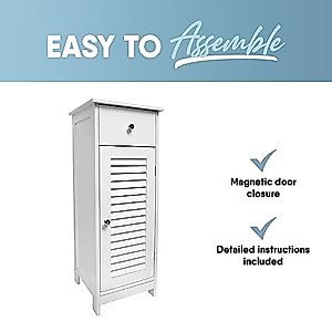 MICRODRY Narrow Bathroom Storage Floor Cabinet with Slatted Door, Drawers and Shelves, Bathroom Storage, Compact Functional Design, Premium Water Resistant Coating, Easy to Assemble, White