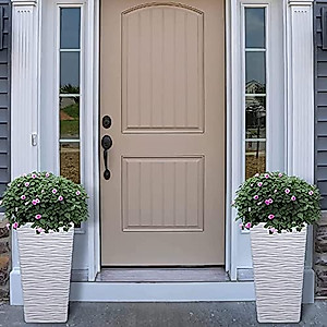 Worth Garden 2-Pack Tall Tapered Planter - Plastic White Square Plant Pots - 22" Tall Large Tree Planter - Modern Matte Wavy Flower Pot for Indoor Outdoor Porch Deck