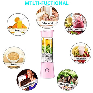 Portable Blender, Smoothie Blender with 16oz Travel Glass Cup and Lid 4000mAh Battery Strong Power Personal Size Blender USB Rechargeable Mini Juicer Cup Travel Blender for with Ice Tray (Pink)