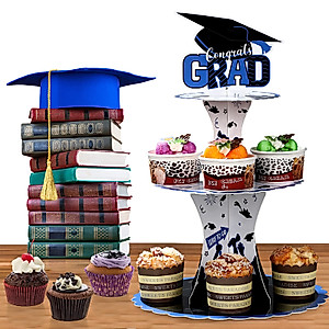 Nuenen 2 Pieces Graduation Cupcake Stand 3 Tier Black Graduation Cupcake Holder 2024 Congrats Grad Cupcake Holder Dessert Tower for Graduation Party Decorations Supplies Favors (Blue)