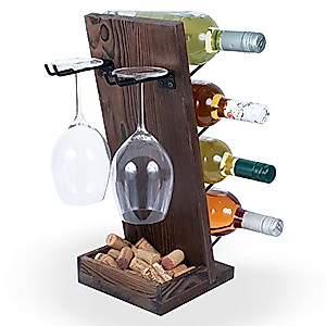 Rustic State Rueda Countertop Wine Rack with Cork Opener - 4 Bottle 2 Stemware Glass Holder with Separate Cork, Corkscrew Storage Unit - Wood Tabletop Display - Home Bar Décor - Walnut