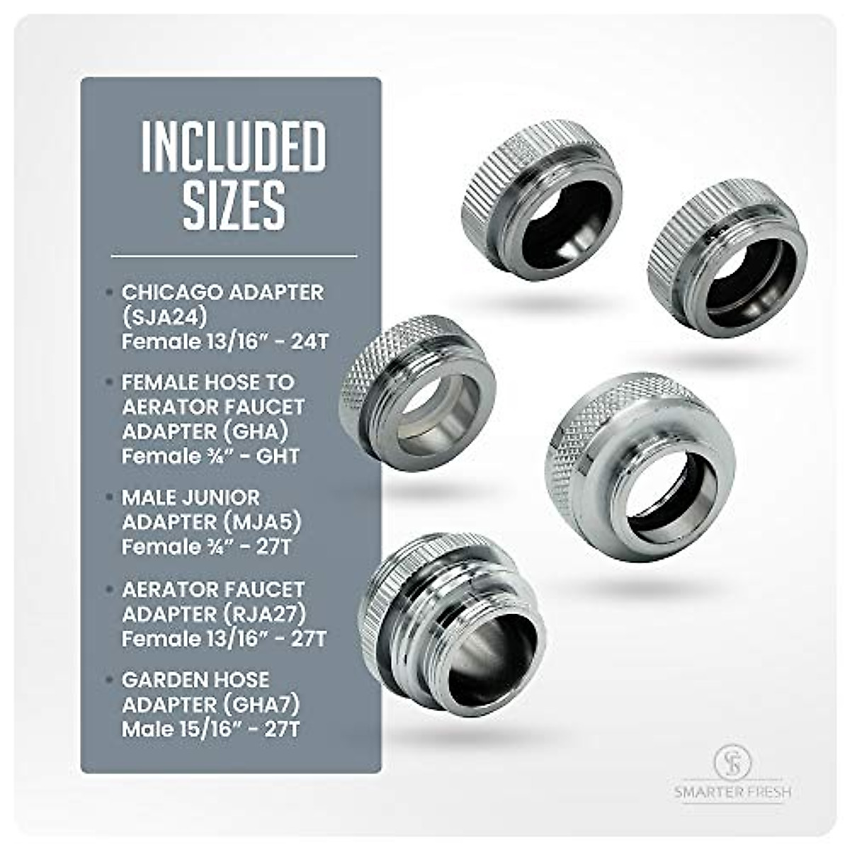 SmarterFresh Five Piece Female Faucet Adapter Kit, Brass Aerator Adapter Set to Connect Garden Hose, Water Filter, Standard Hose via Diverter, in RV & Other - ONLY Compatible with Removable Aerator