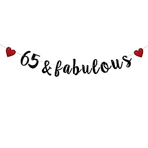 XIAOLUOLY Black 65 & Fabulous Glitter Banner,Pre-Strung,65th Birthday / Wedding Anniversary Party Decorations Bunting Sign Backdrops,65 & Fabulous