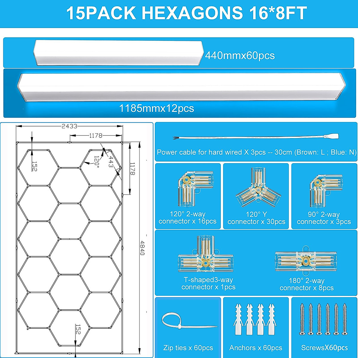 Hexagon Garage Light: Higher Brightness 720W 93600 Lumens Hexagon Led Garage Light with Rectangle Frame 6500K, 15 Hex Grid for Garage, Shop, Basement, Car Detailing Shop etc. with Mounting Clip