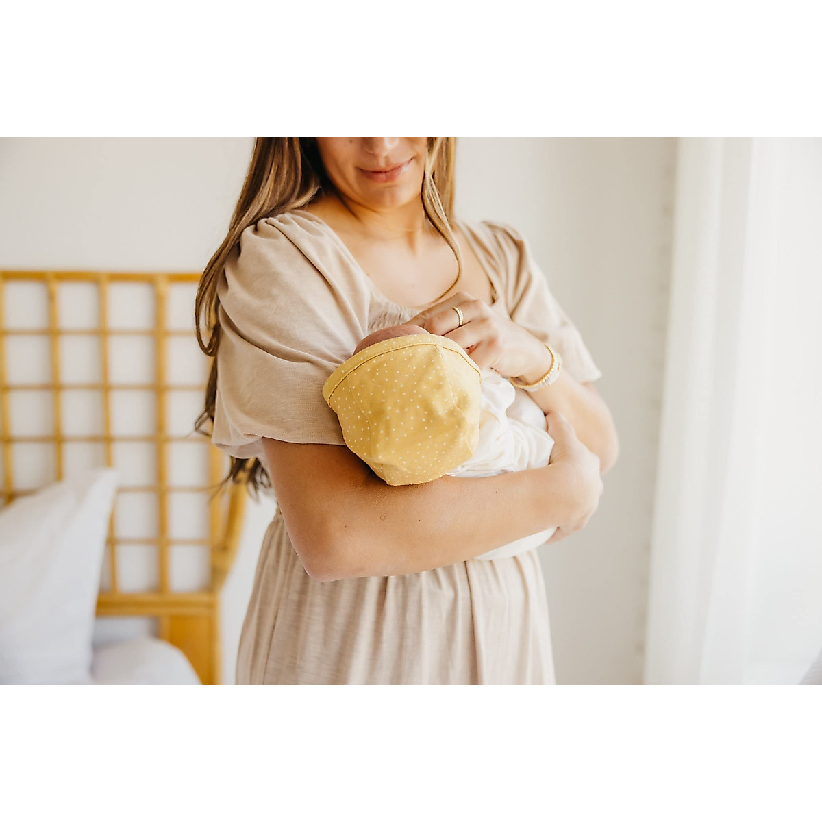 Copper Pearl Baby Bonnets: Ultra-Soft, Comfy to Wear, Tie-On Infant Sun Hat for Protection Against UV Rays, Trendy Coordinating Designs Swaddles, 0-3 Months - Marigold