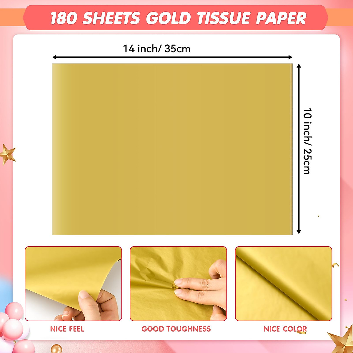 Hlonon 180 Sheets Gold Tissue Paper for Gift Bags - 10 x 14 Inches Recyclable Gold Wrapping Tissue Packaging Paper Bulk for Weddings Birthday DIY Project Christmas Gift Wrapping Crafts Decor